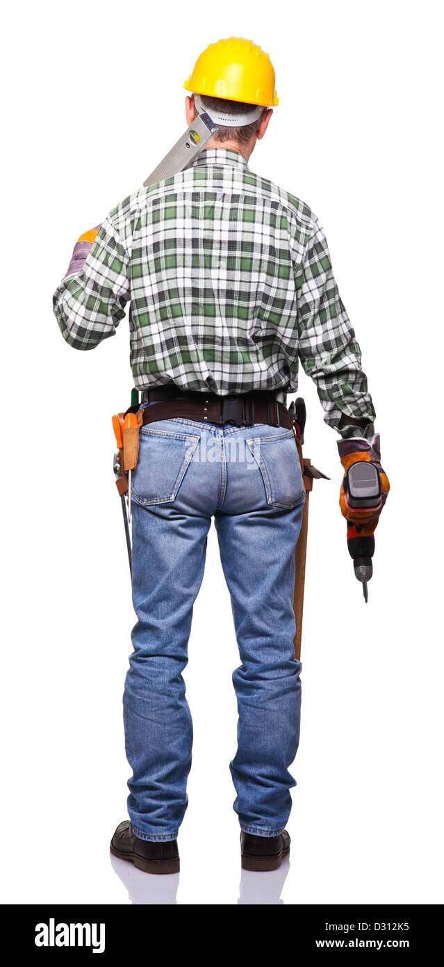 senior handyman isolated on white back view Stock Photo - Alamy