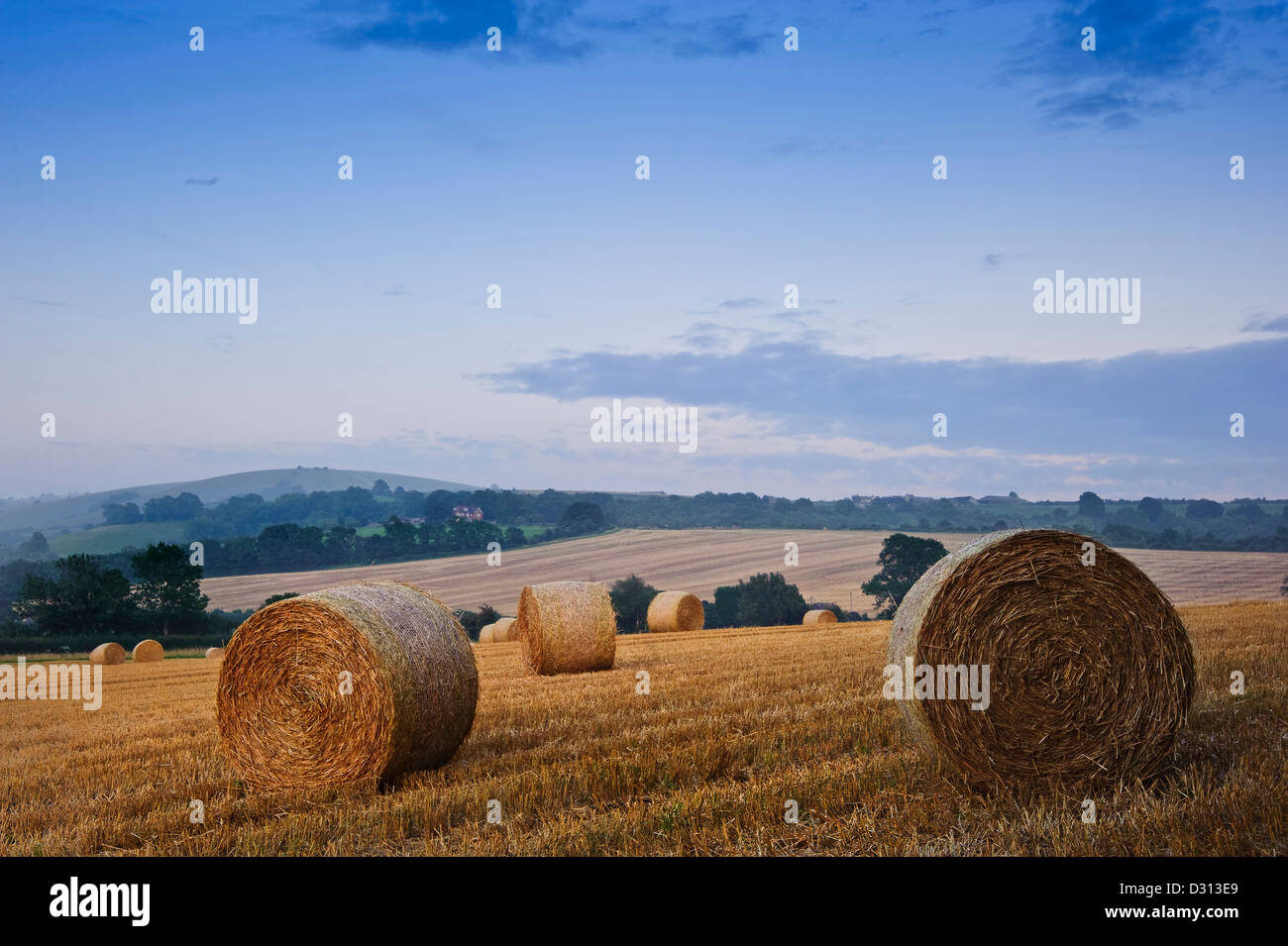 Lovely sunset golden hour landscape of hay bales in field in English ...