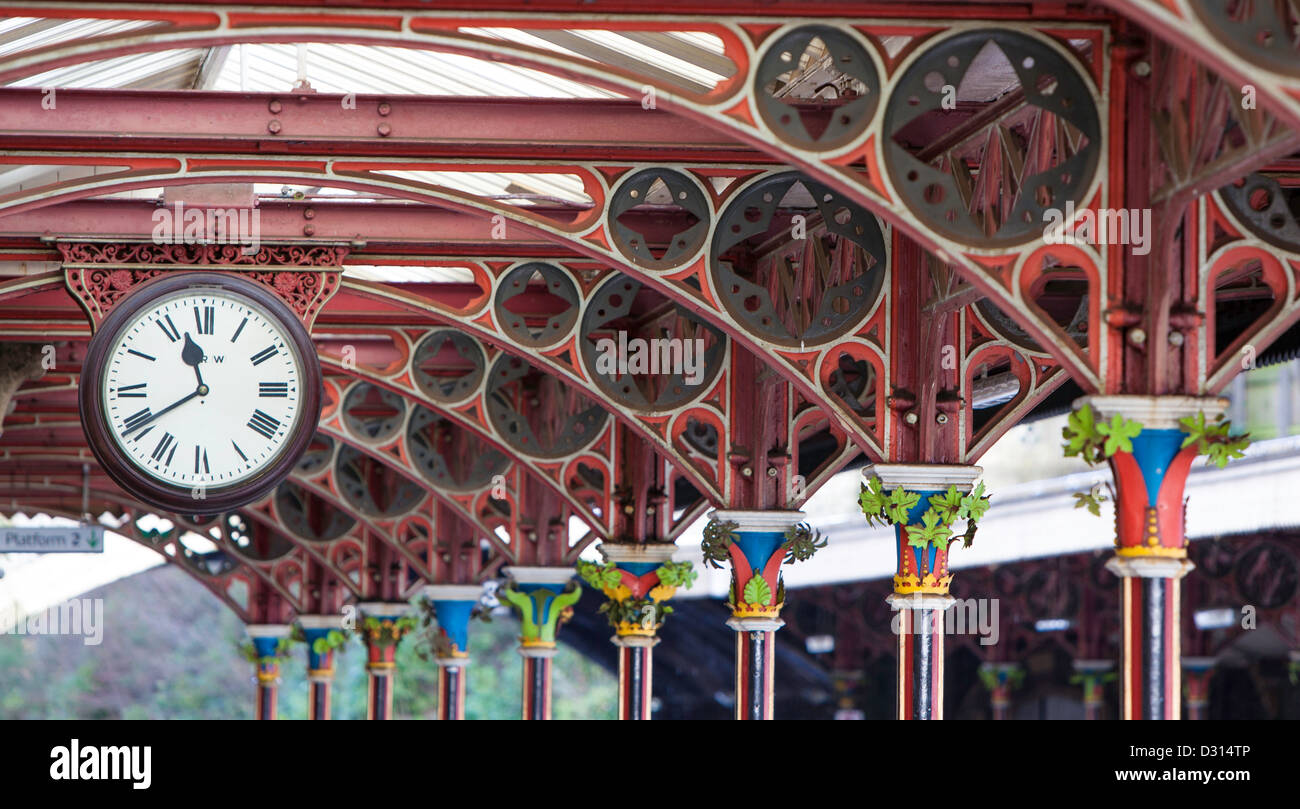 Station clock and ornate decoration detail at Great Malvern Train ...