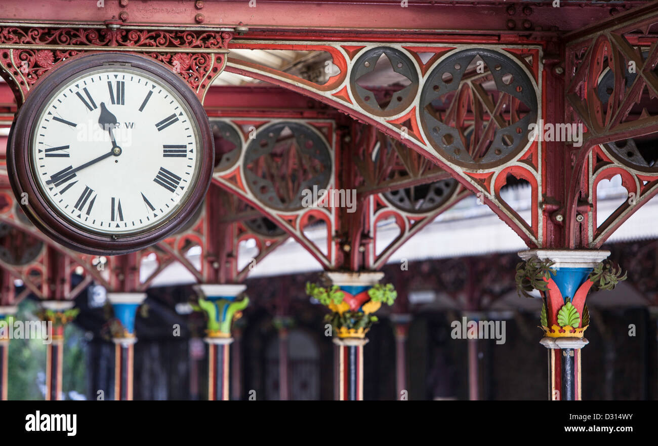 Station clock and ornate decoration detail at Great Malvern Train ...