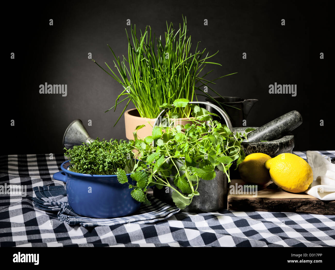 Still life with fresh herbs and kitchen utensils Stock Photo - Alamy