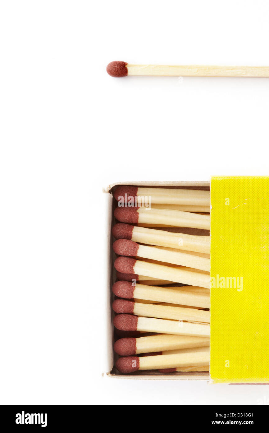 Matches in a yellow match box on white background Stock Photo - Alamy
