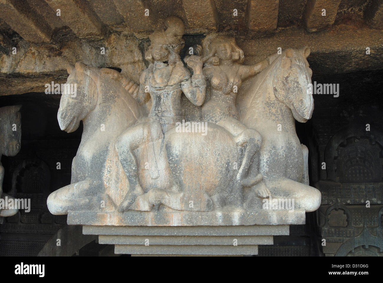 Cave 7 : Closer view of the Horse- riders on one of the front pillar ...