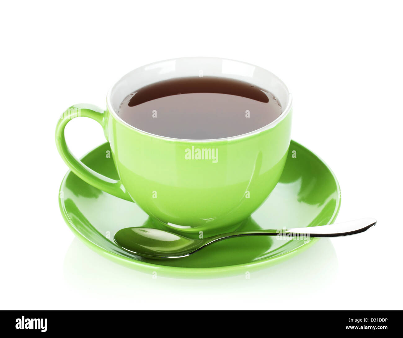 Green tea cup with spoon. Isolated on white background Stock Photo - Alamy