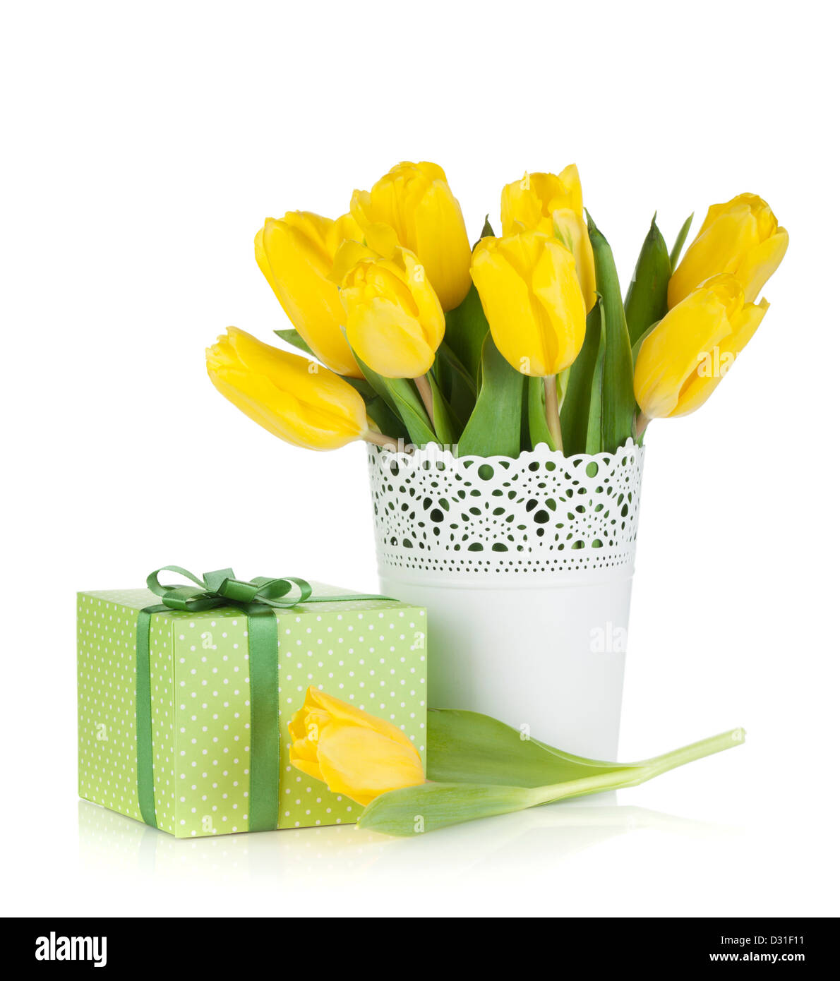 Yellow tulips and gift box. Isolated on white background Stock Photo ...
