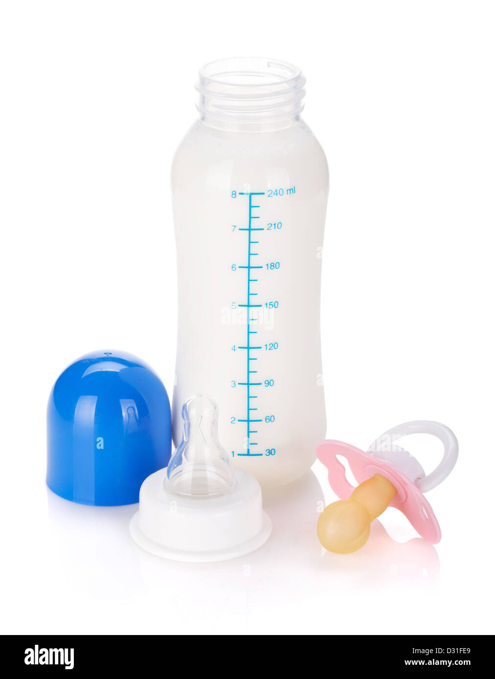 Baby bottle with milk and pacifier. Isolated on white background Stock ...