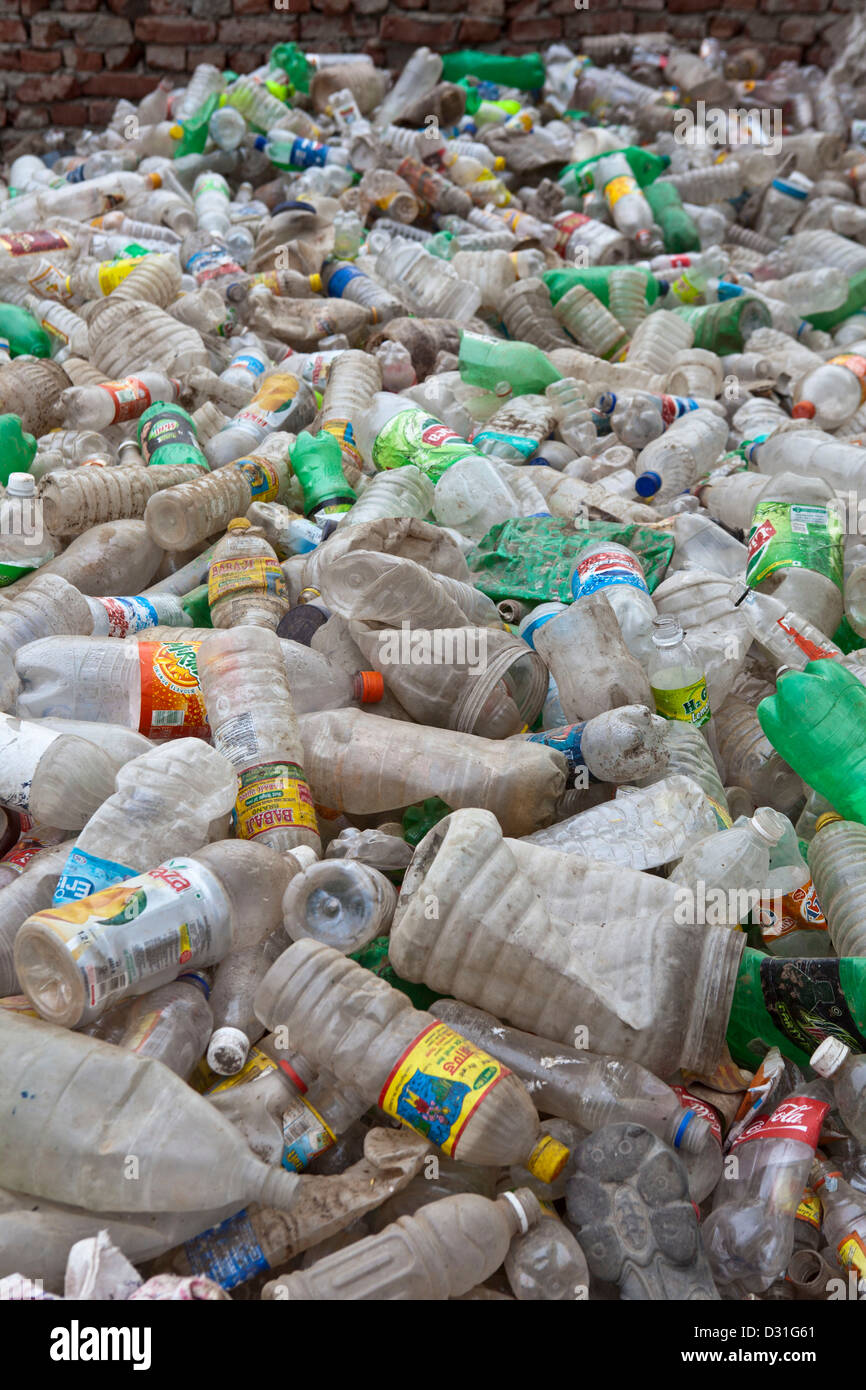 Delhi, India. Plastic bottles collected as scrap waste, ready for ...
