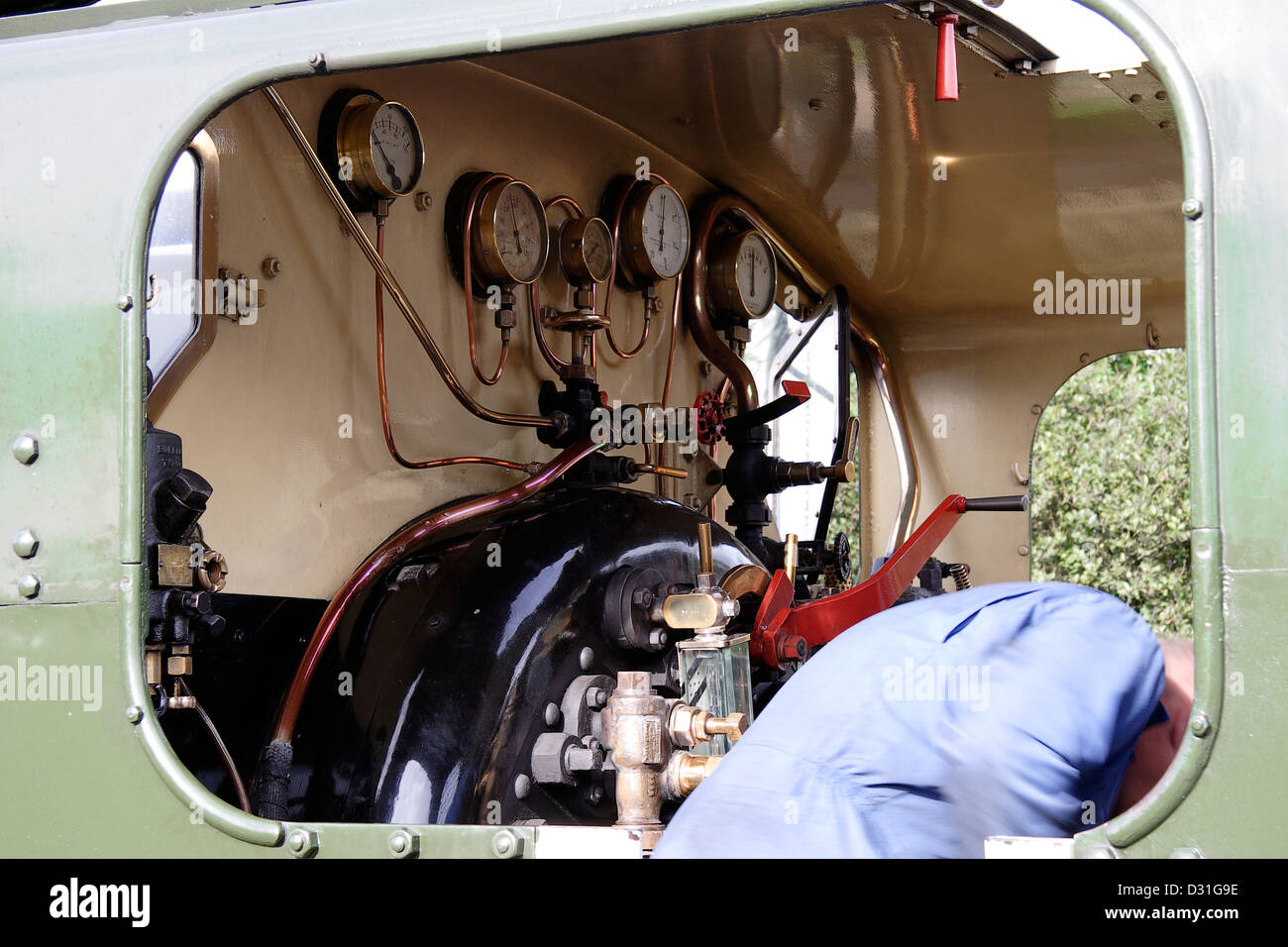 Controls and gauges in steam engine cab Stock Photo - Alamy