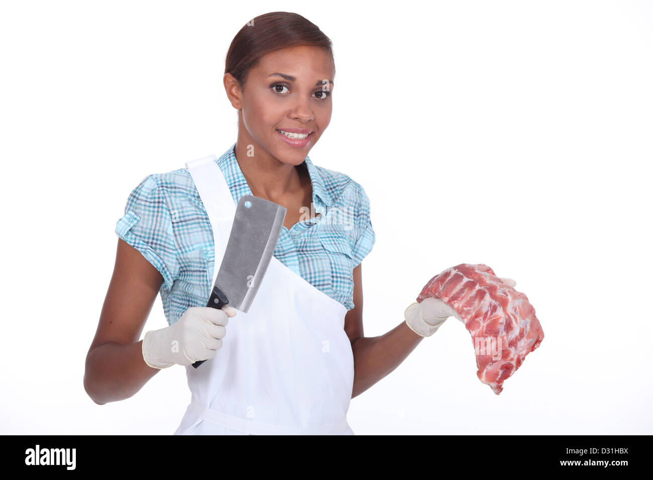 Woman with meat piece Stock Photo - Alamy