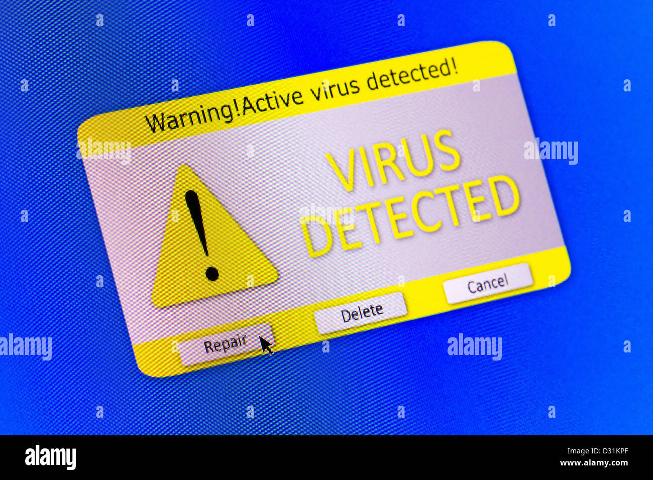 Virus alert message on the blue computer screen Stock Photo - Alamy