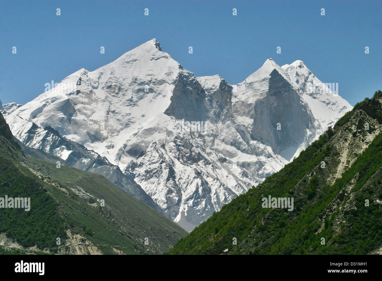The peaks of Bhagirathi 1 and 2 (6856m/6512m), seen from Bhojbasa Stock ...