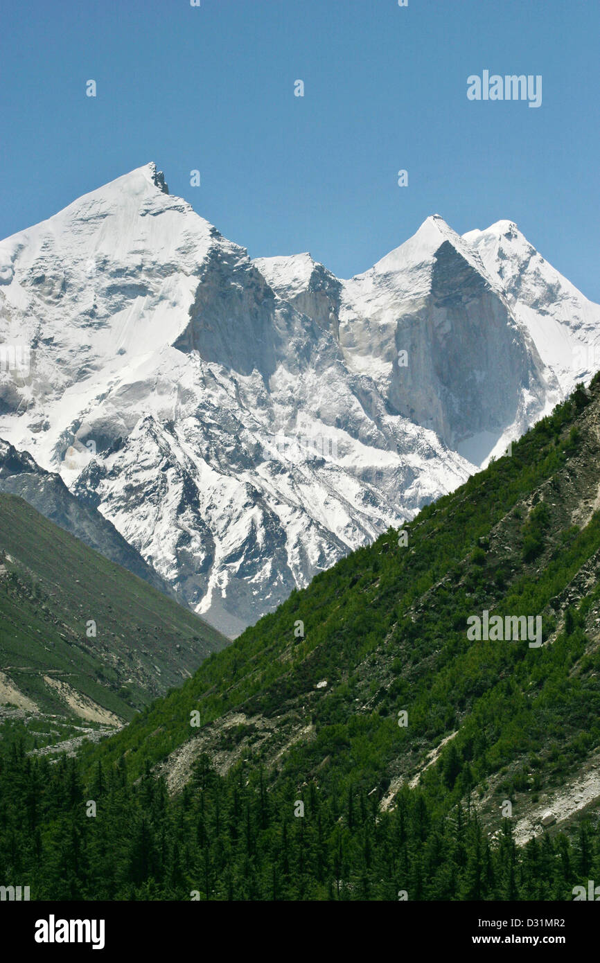 The peaks of Bhagirathi 1 and 2 (6856m/6512m), seen from Bhojbasa Stock ...