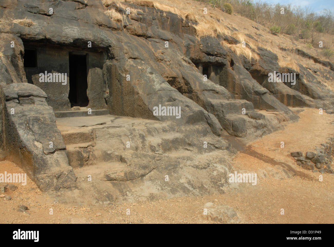 General-View of caves of the upper group Kuda Caves, Kolaba district ...