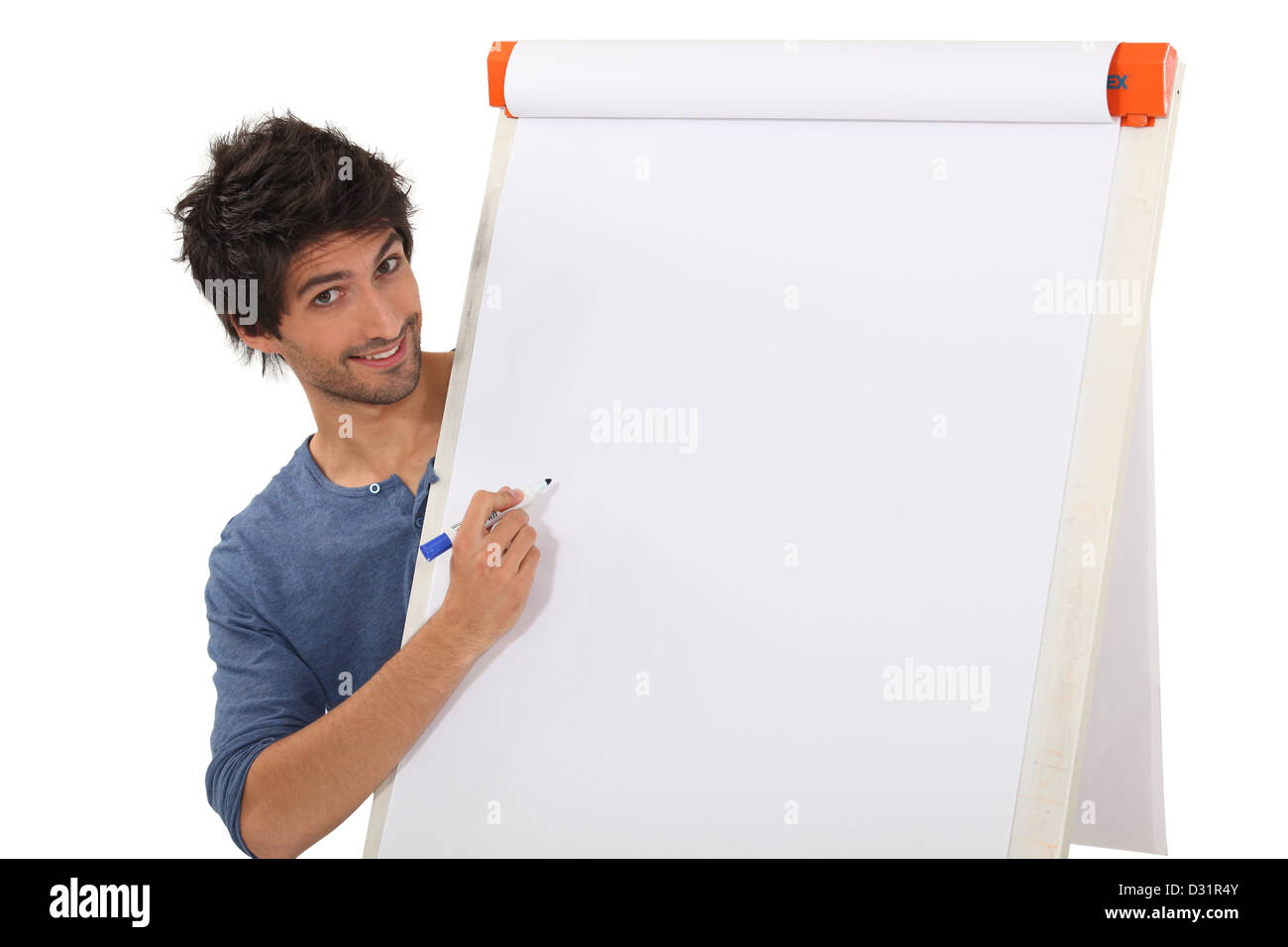 Man writing on white board Stock Photo - Alamy