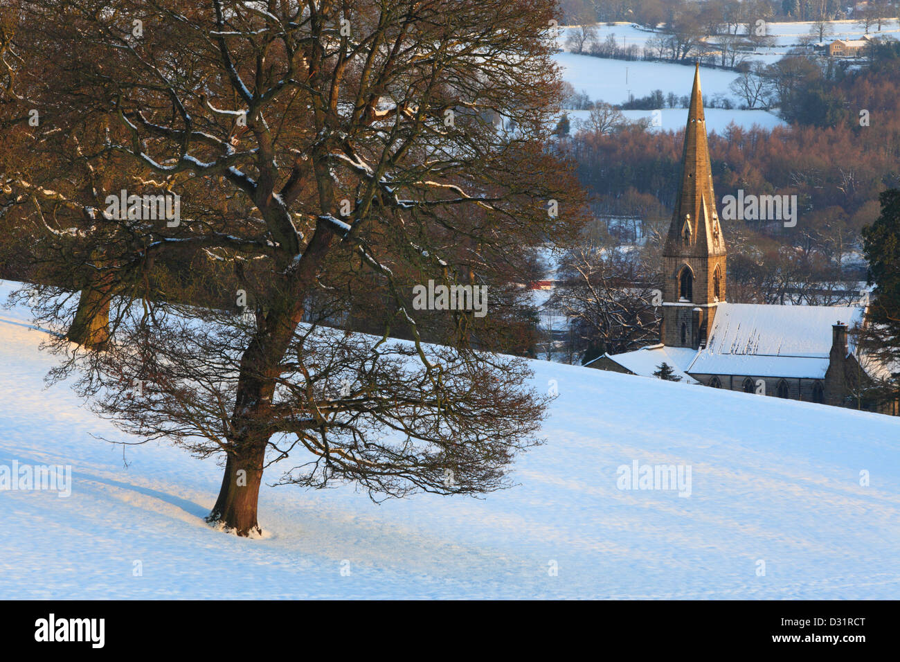 Morning light warms the winter landscape around the small Yorkshire ...