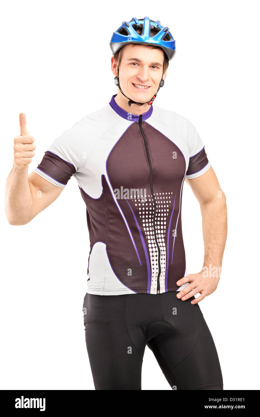Handsome male cyclist giving a thumb up isolated on white background ...