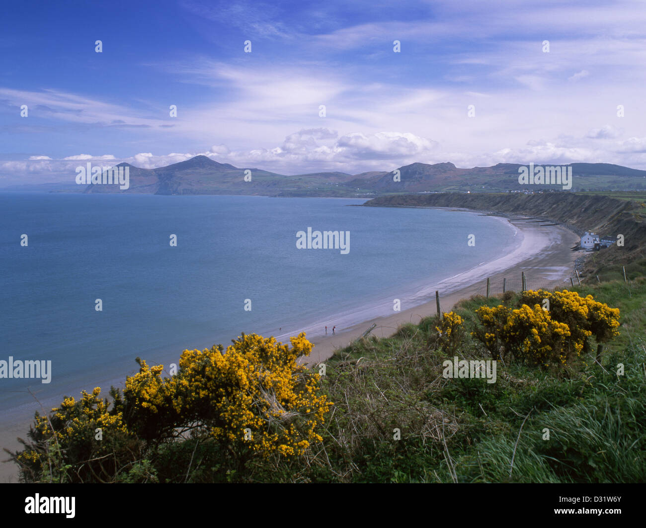 Morfa Nefyn beach in springtime looking up coast towards Yr Eifl ...