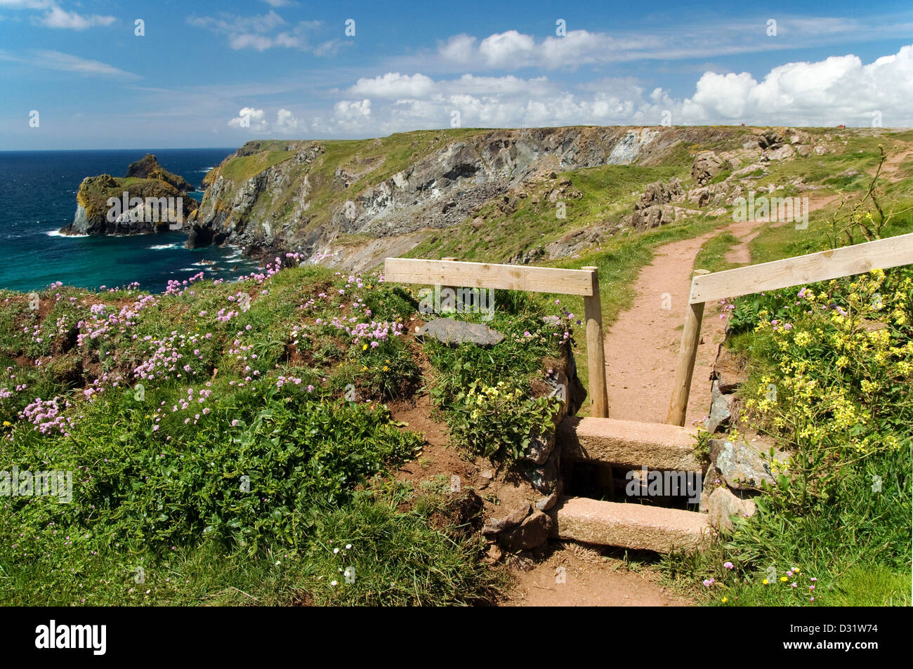 A stile on the Cornish coast path at Pentreath near The Lizard Stock ...