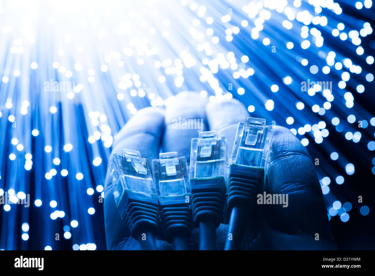 fiber optics and utp cables in hand shared concept Stock Photo - Alamy
