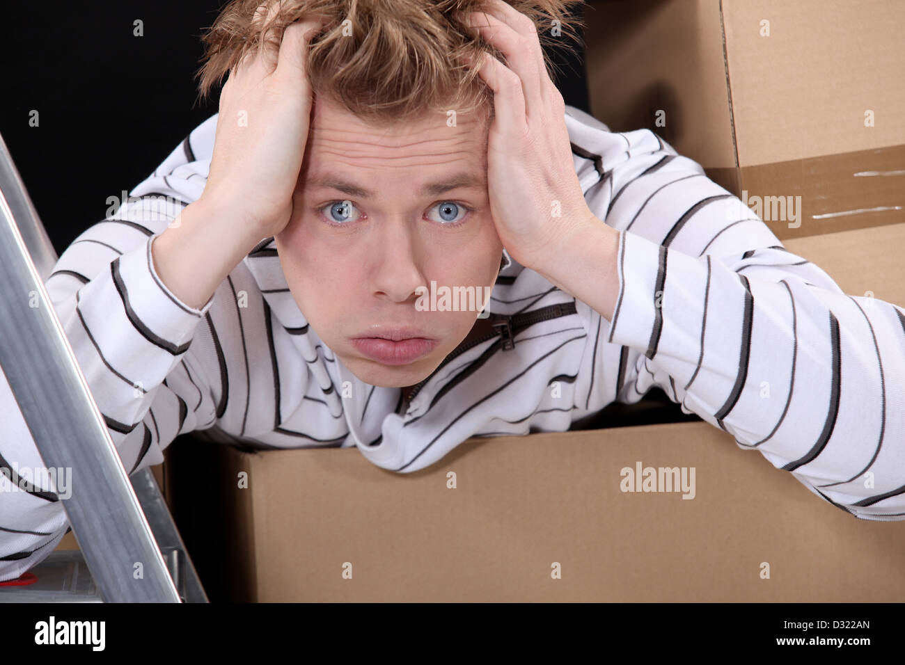 Overwhelmed man on moving day Stock Photo - Alamy