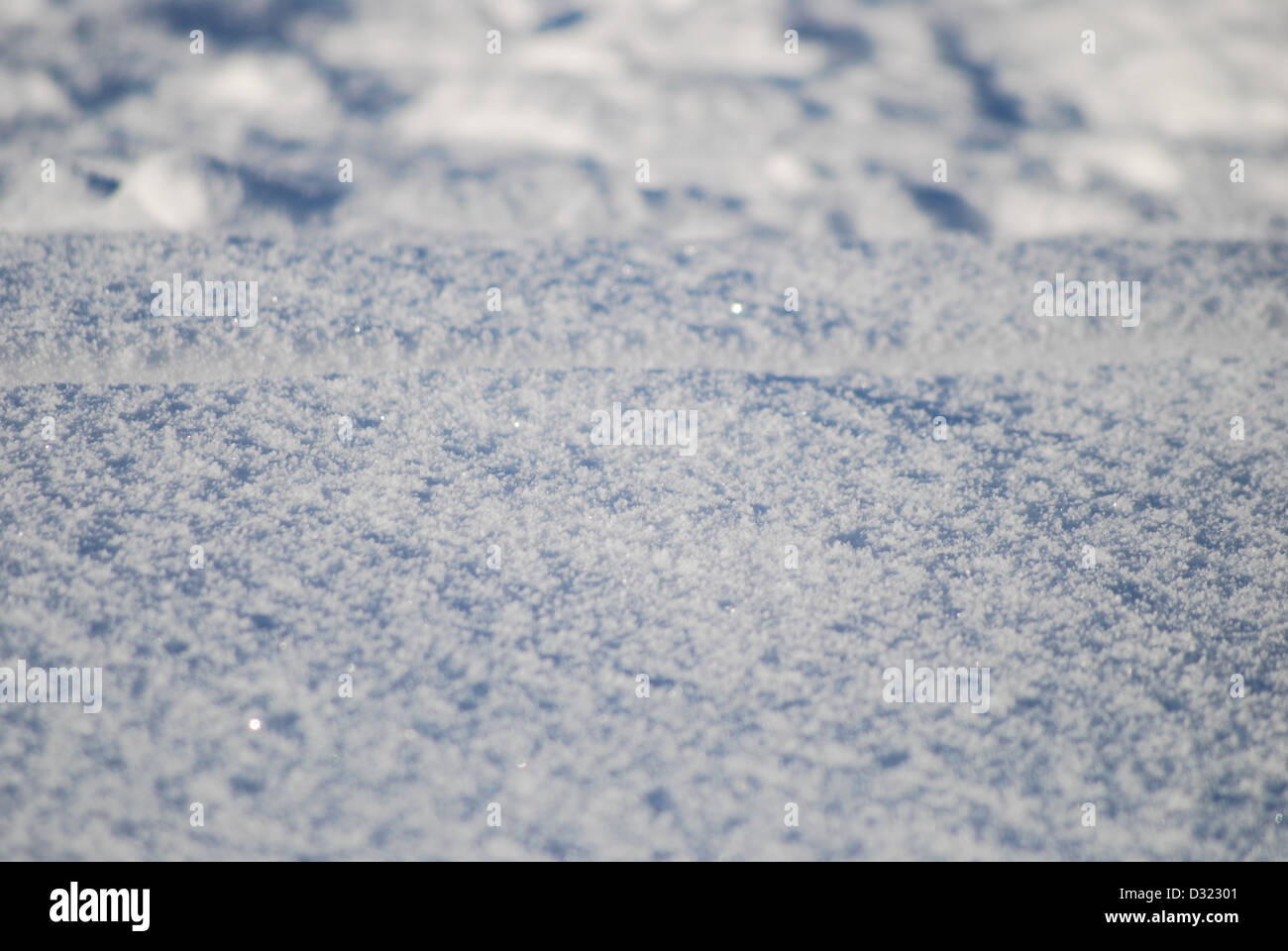 Up close detail of thick snow partly unspoiled untouched showing ...