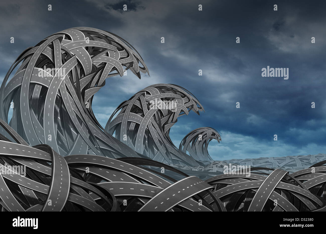 Confusion storm with a group of three diimensional roads and highways ...