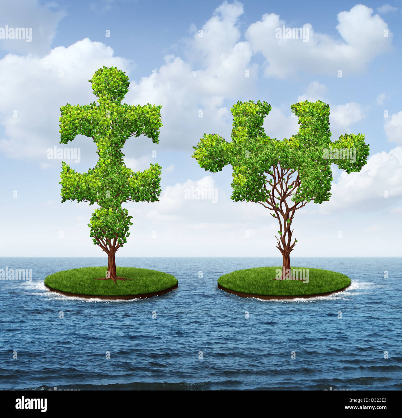 Growth connection with two trees in the shape of jigsaw puzzle pieces ...
