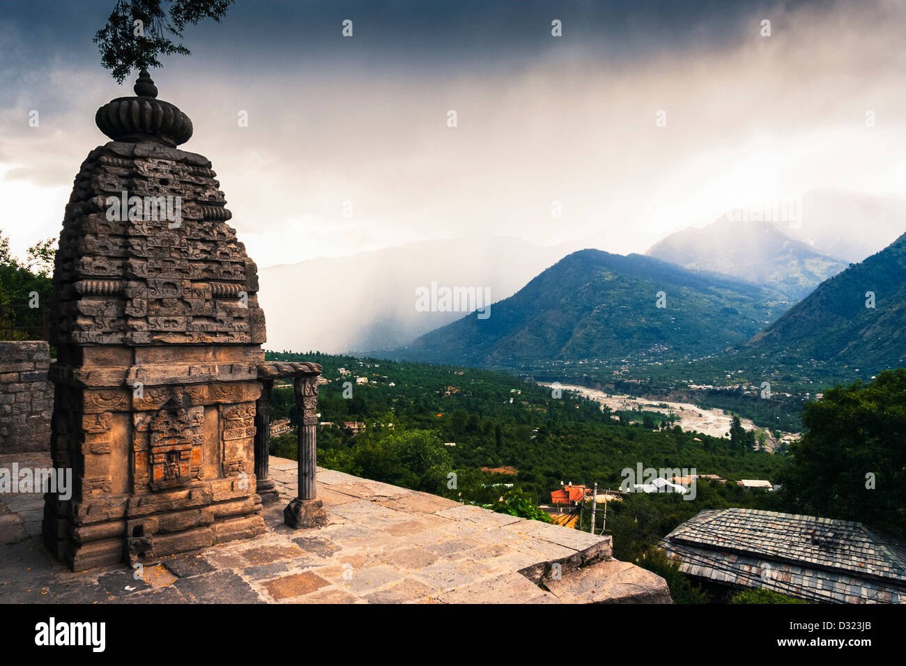 Kali Mandir temple with Kullu Valley overview and misty mountains ...