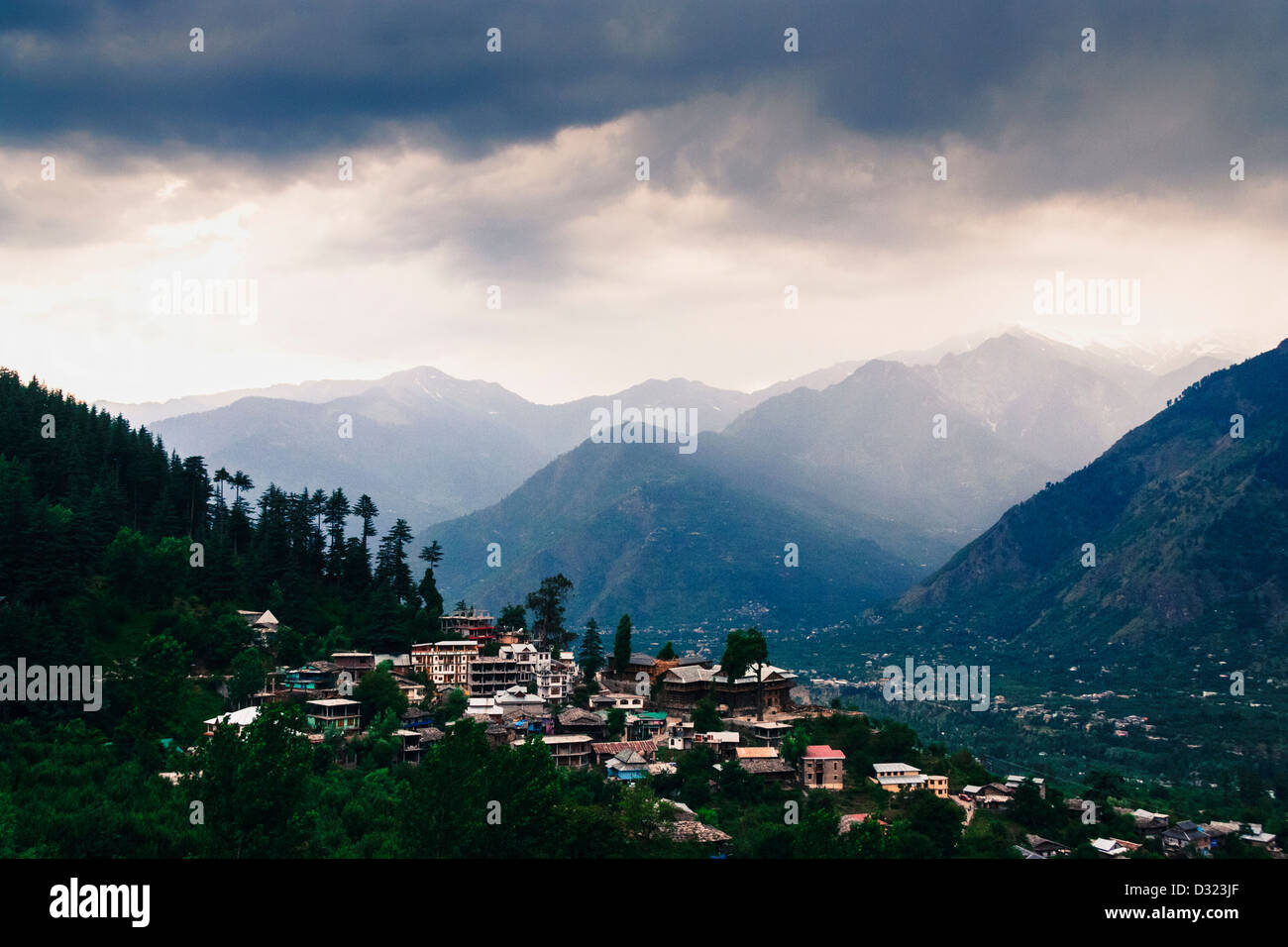 Naggar overview with Kullu Valley and mountains in background. Himachal ...