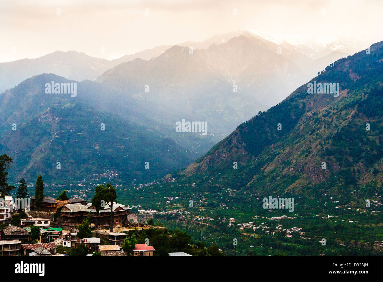 Naggar village and castle with Kullu Valley and mountains in background ...