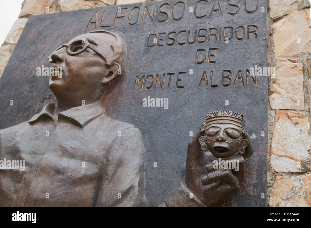 Monument showing archaeologist Alfonso Caso and gold mask, one of his ...