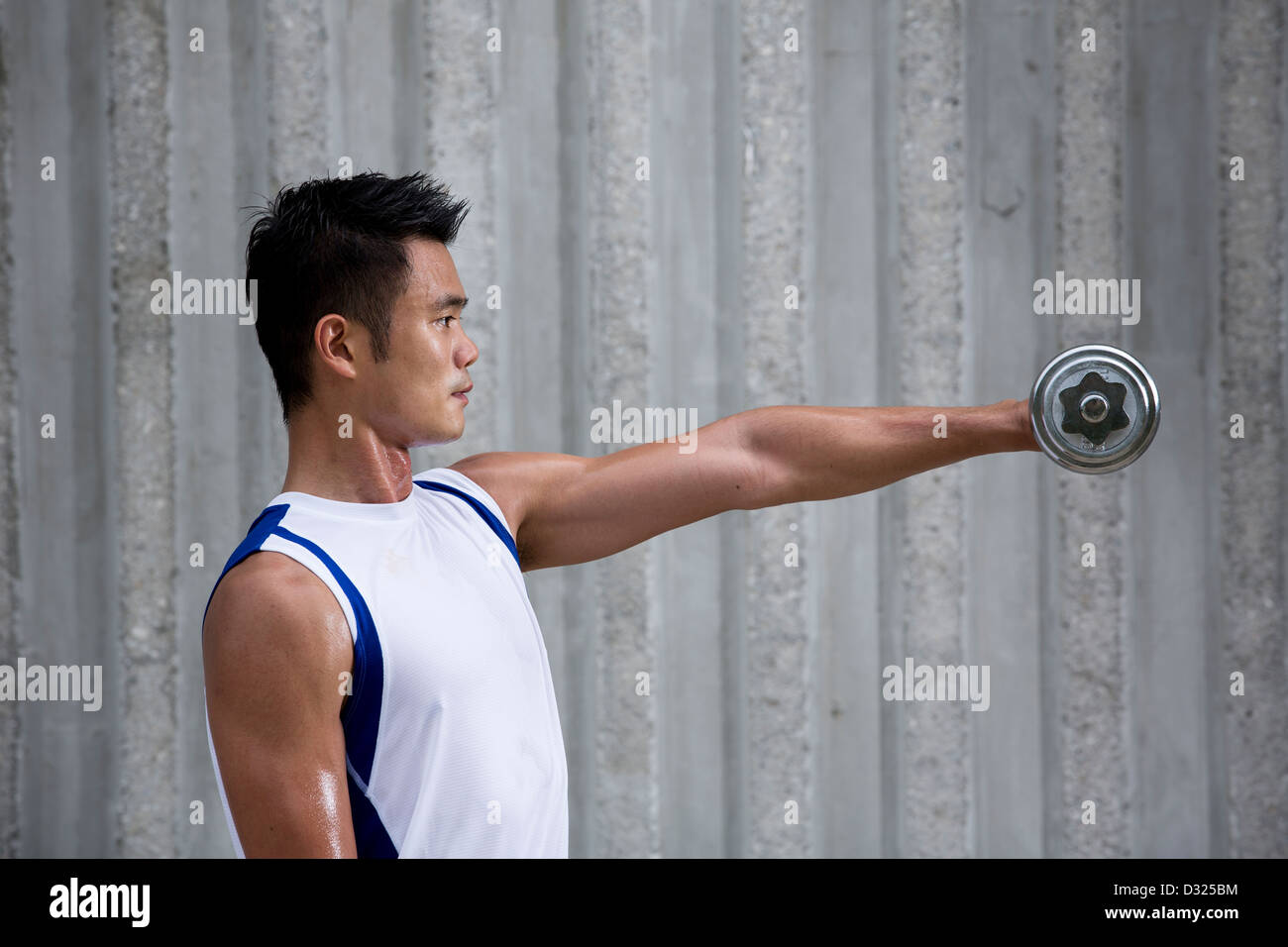 Athletic Young Chinese man exercising with dumbbells. Muscular Asian ...
