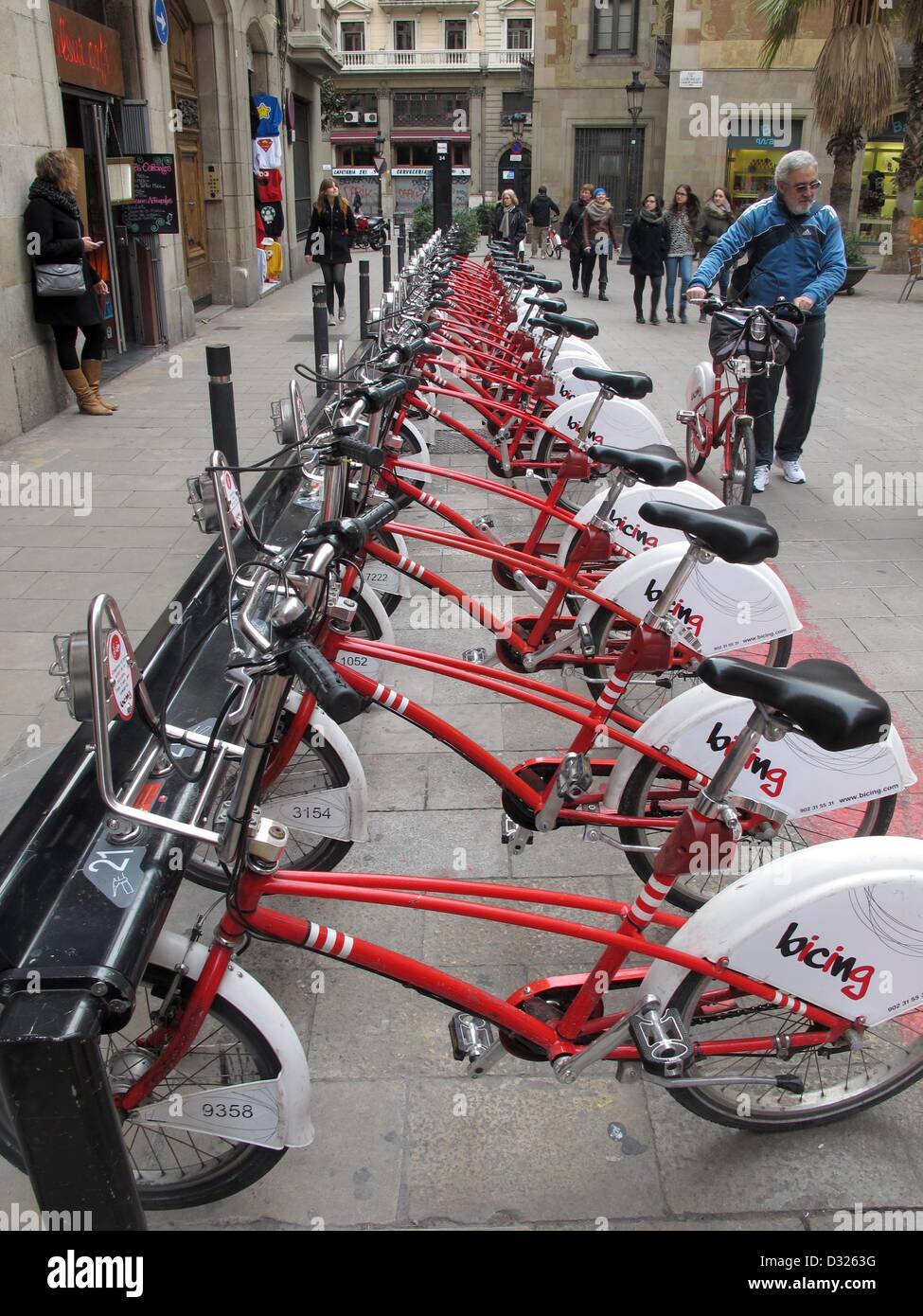 Rental bicycles are ready for use at the so-called Bicing Station in ...