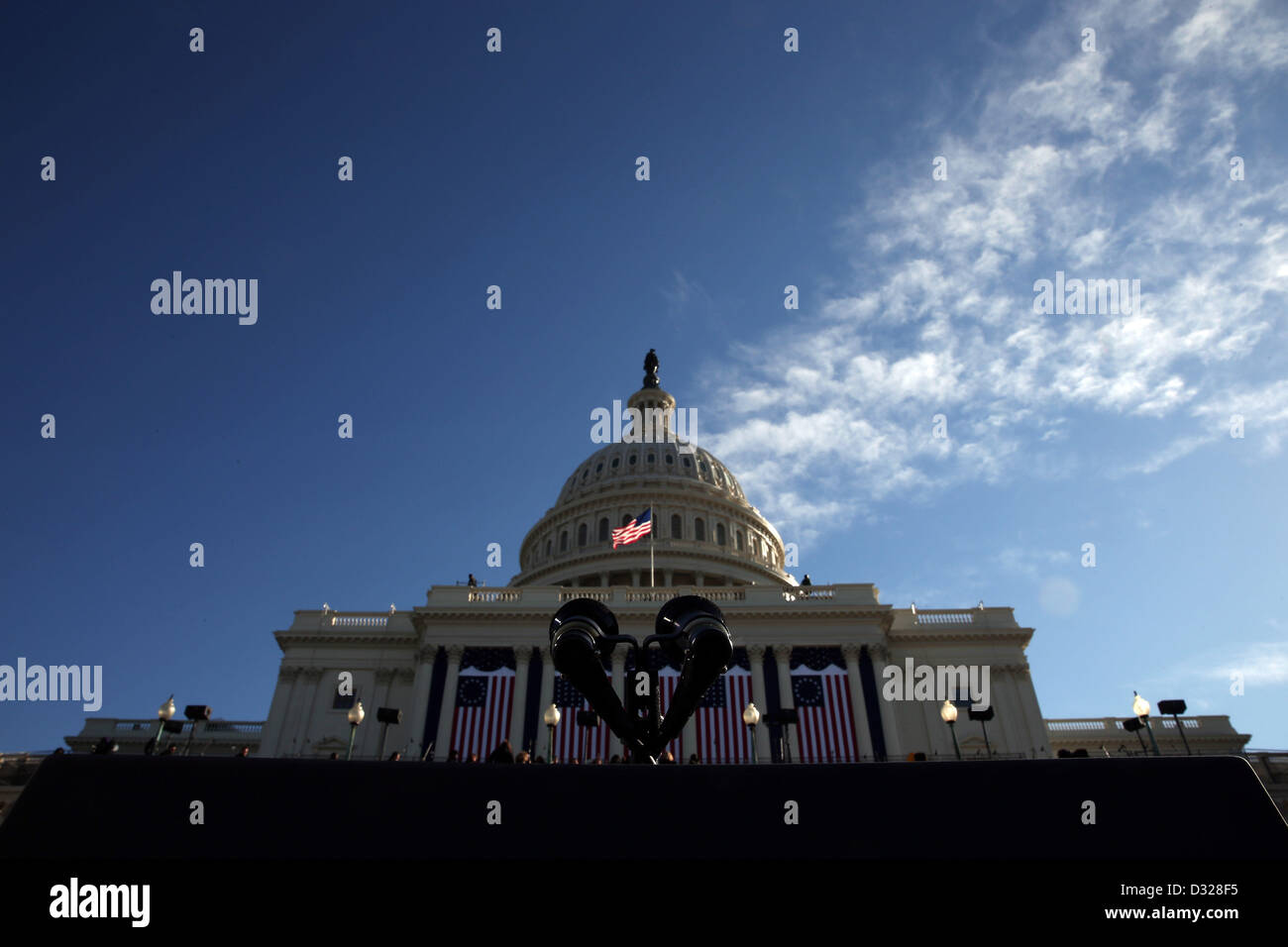 A microphone stands over a podium on the west Capitol platform where ...