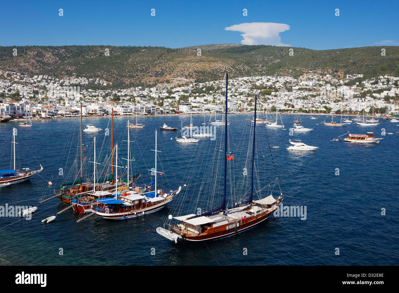 Traditional Turkish gulets moored near the Bodrum Castle. Bodrum, Mugla ...