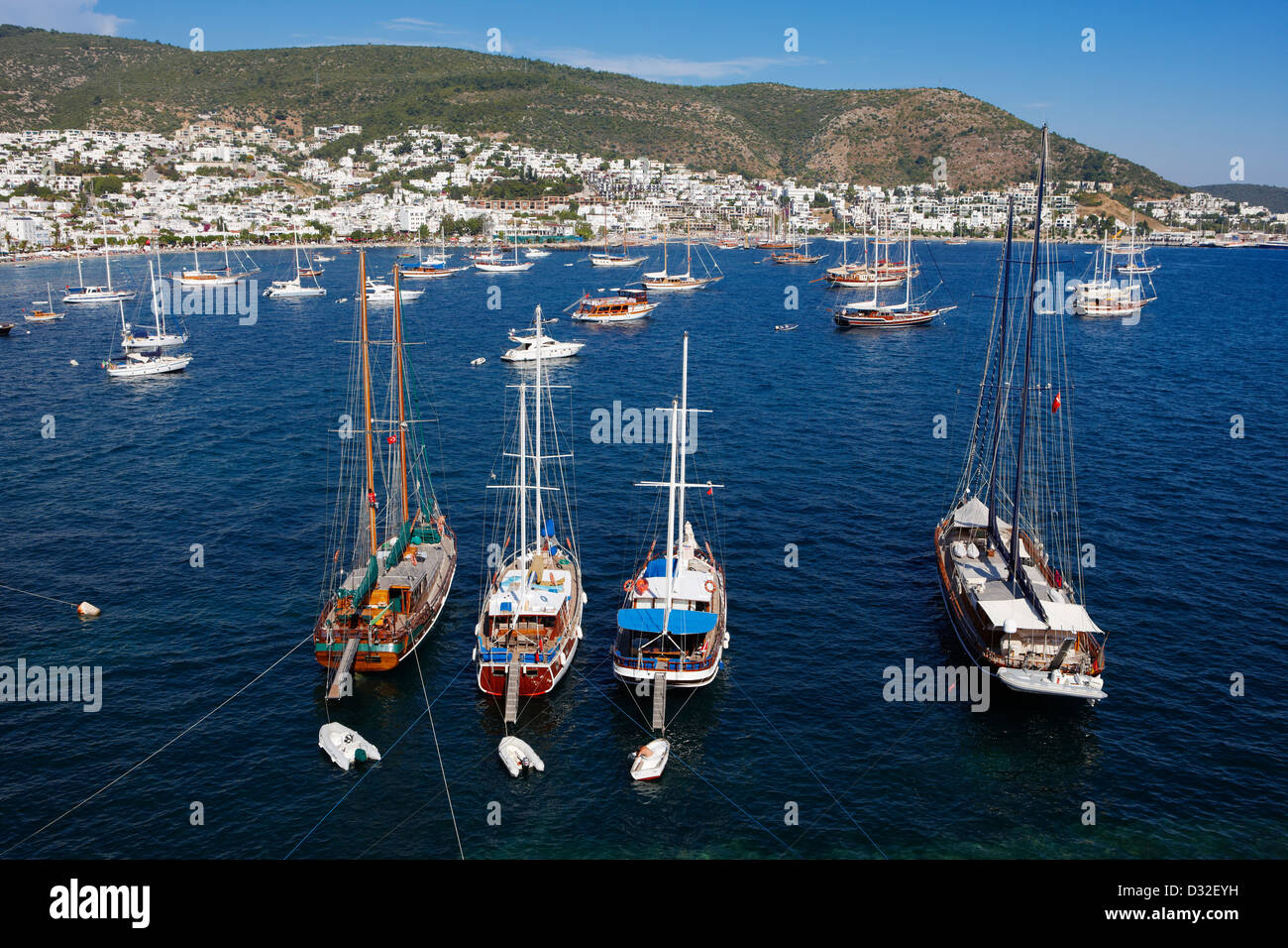 Traditional Turkish gulets moored near the Bodrum Castle. Bodrum, Mugla ...