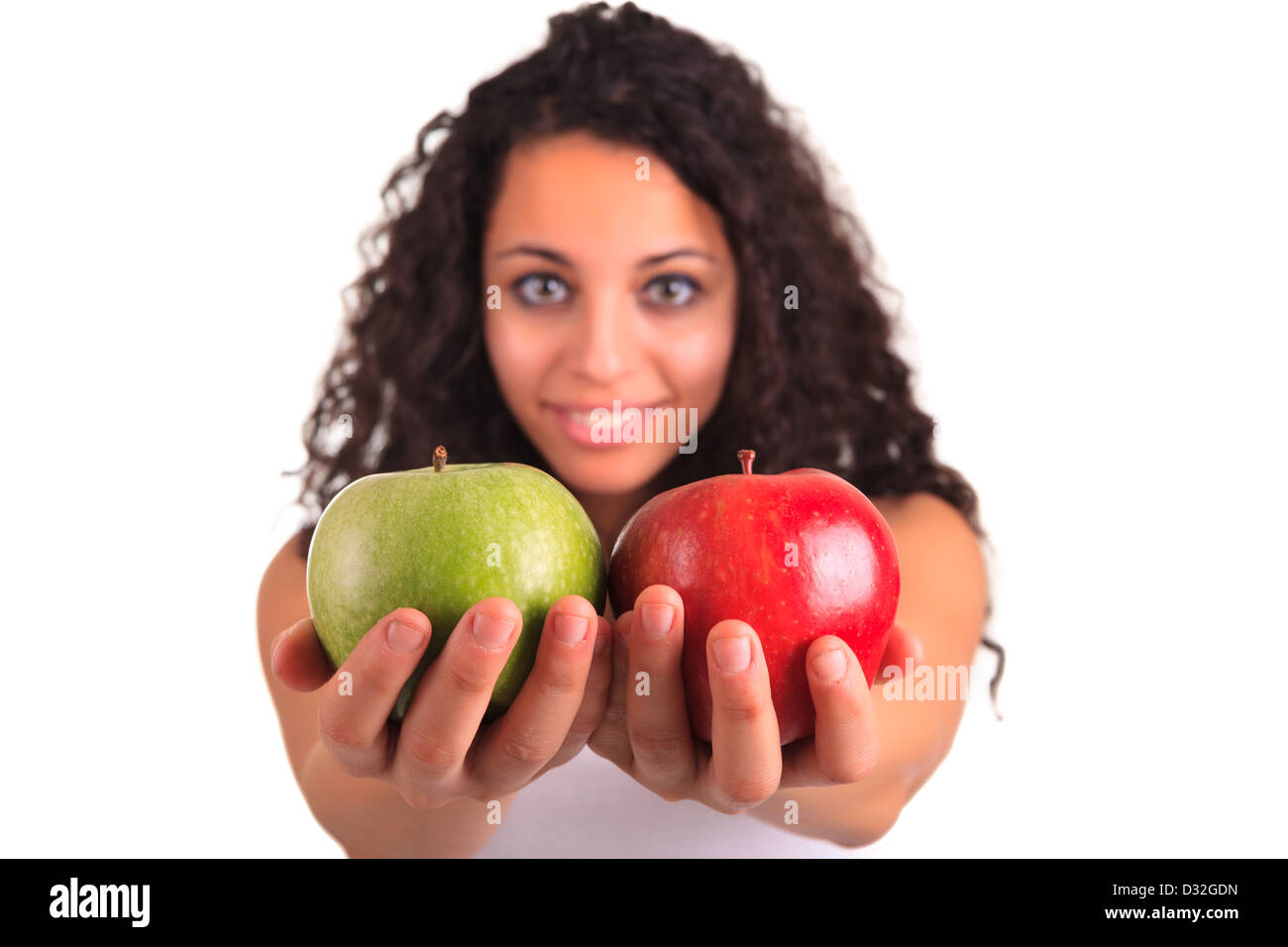 young woman holding fruits. Isolated over white Stock Photo - Alamy
