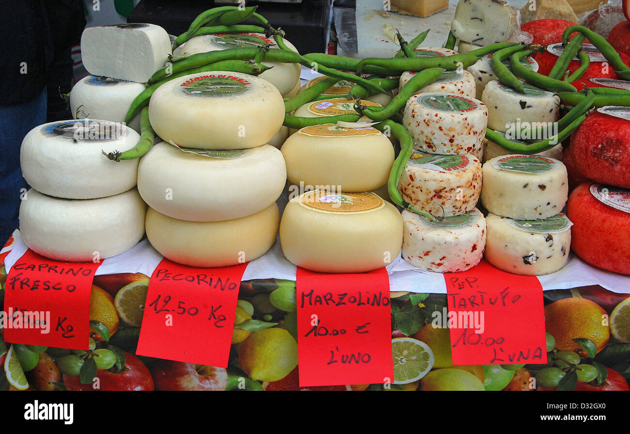 A display of round cheeses for sale at a small shop in Pienza Italy ...