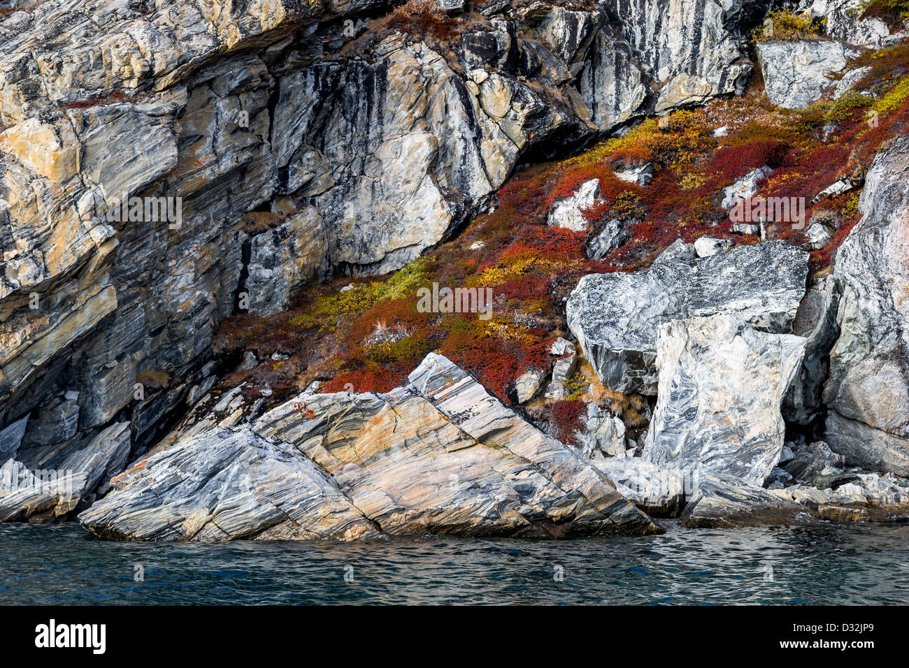 Detailed patterns in granite rock, mountains, Scoresbysund, Greenland ...