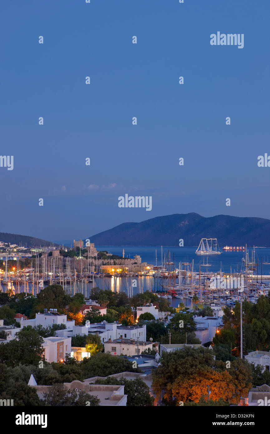 Elevated view of Bodrum city and marina illuminated at night. Bodrum ...