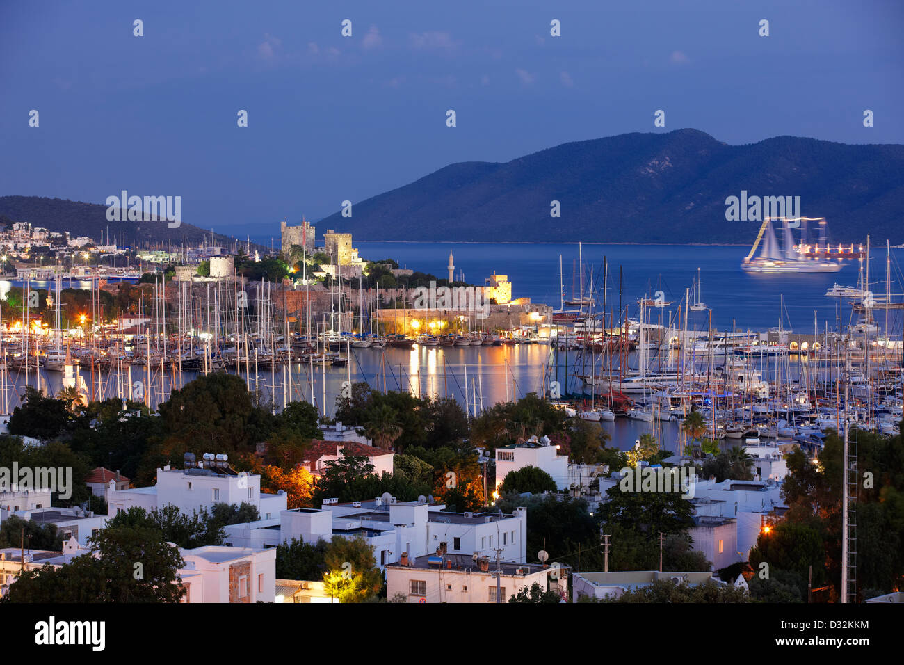 Elevated view of Bodrum city and marina illuminated at night. Bodrum ...