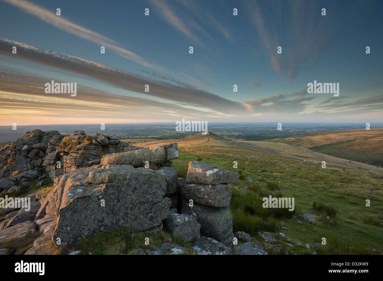 Sunset from Belstone Tor with views over th Devon countryside. Dartmoor ...