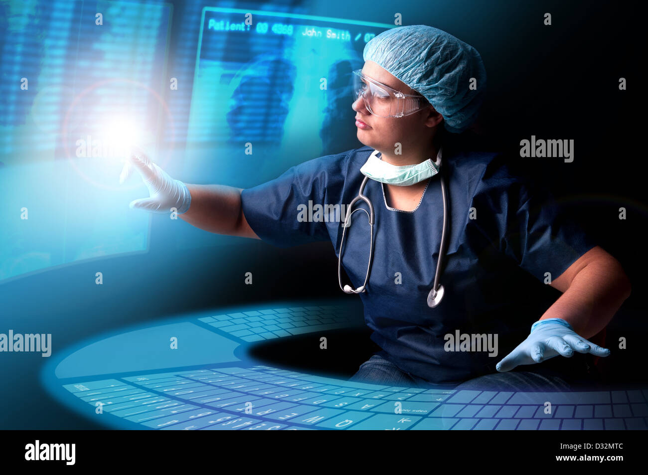 Doctor in uniform with X-rays and digital screens and keyboard Stock ...