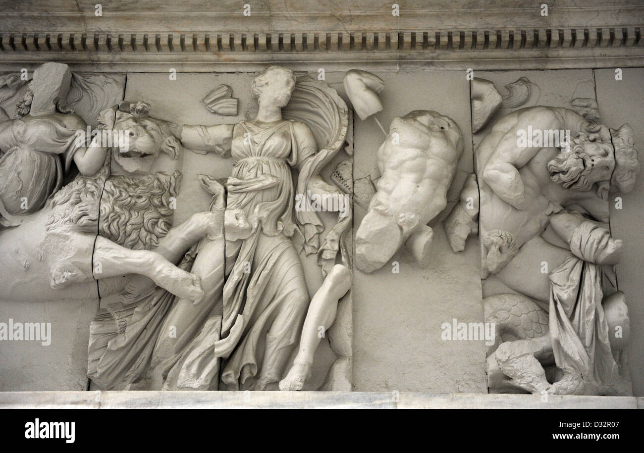 Pergamon Altar. South frieze. Goddess Rhea or Cybele riding on a lion ...