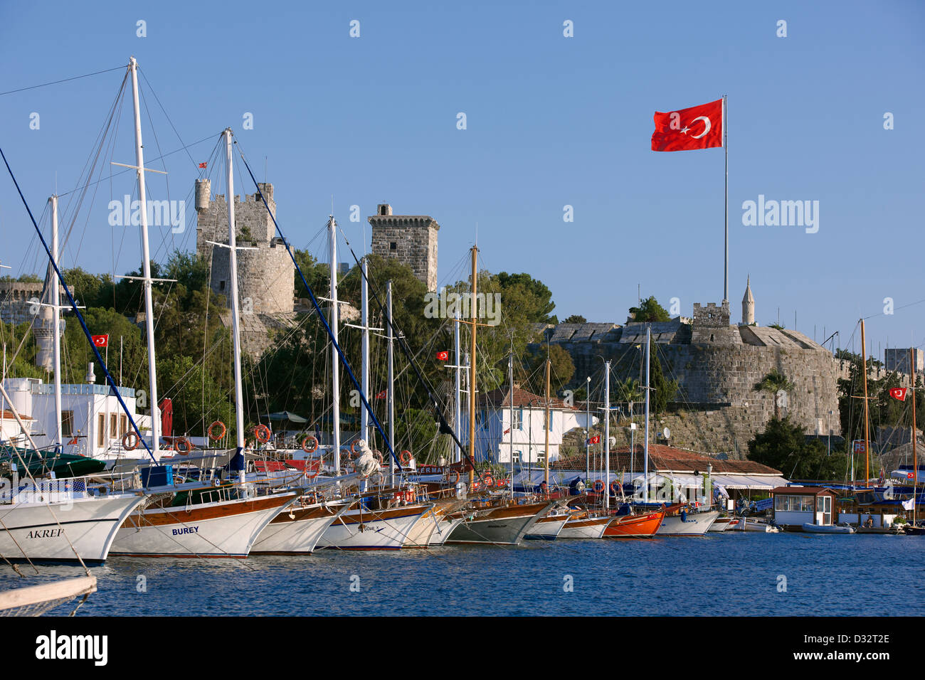 Traditional Turkish gulets moored near the Bodrum Castle. Bodrum, Mugla ...
