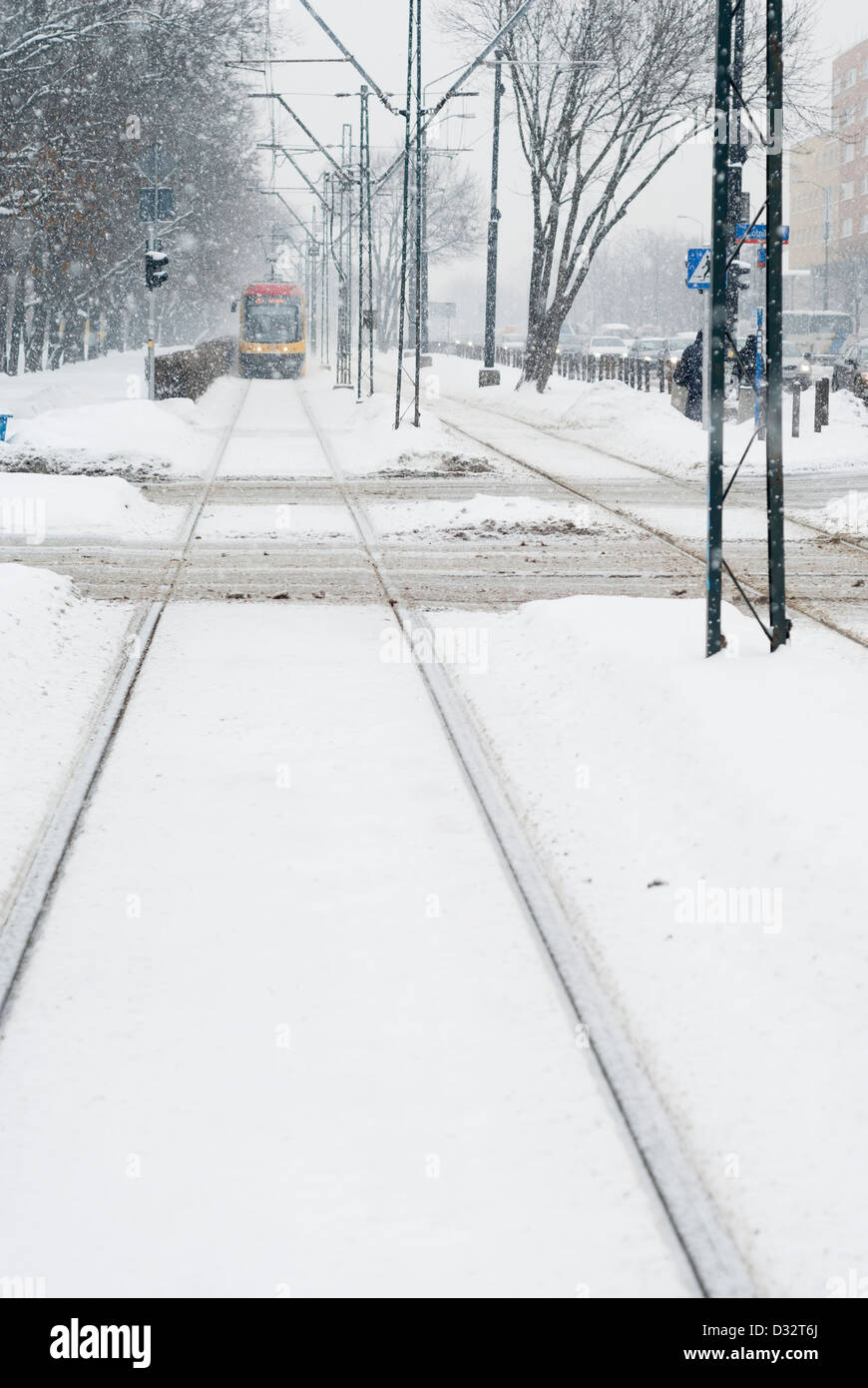 Approaching tram during heavy snow in Warsaw, Poland Stock Photo - Alamy