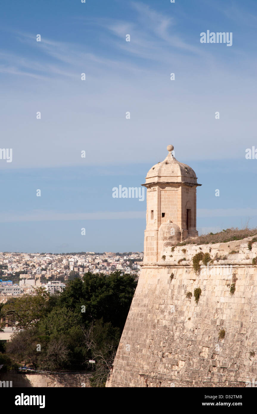 Valetta, Malta, part of massive stone city wall, watchtower ...