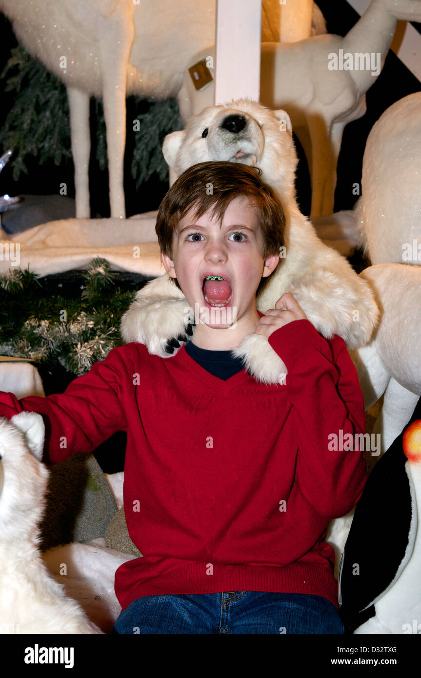 Boy and stuffed animal polar bears Stock Photo - Alamy