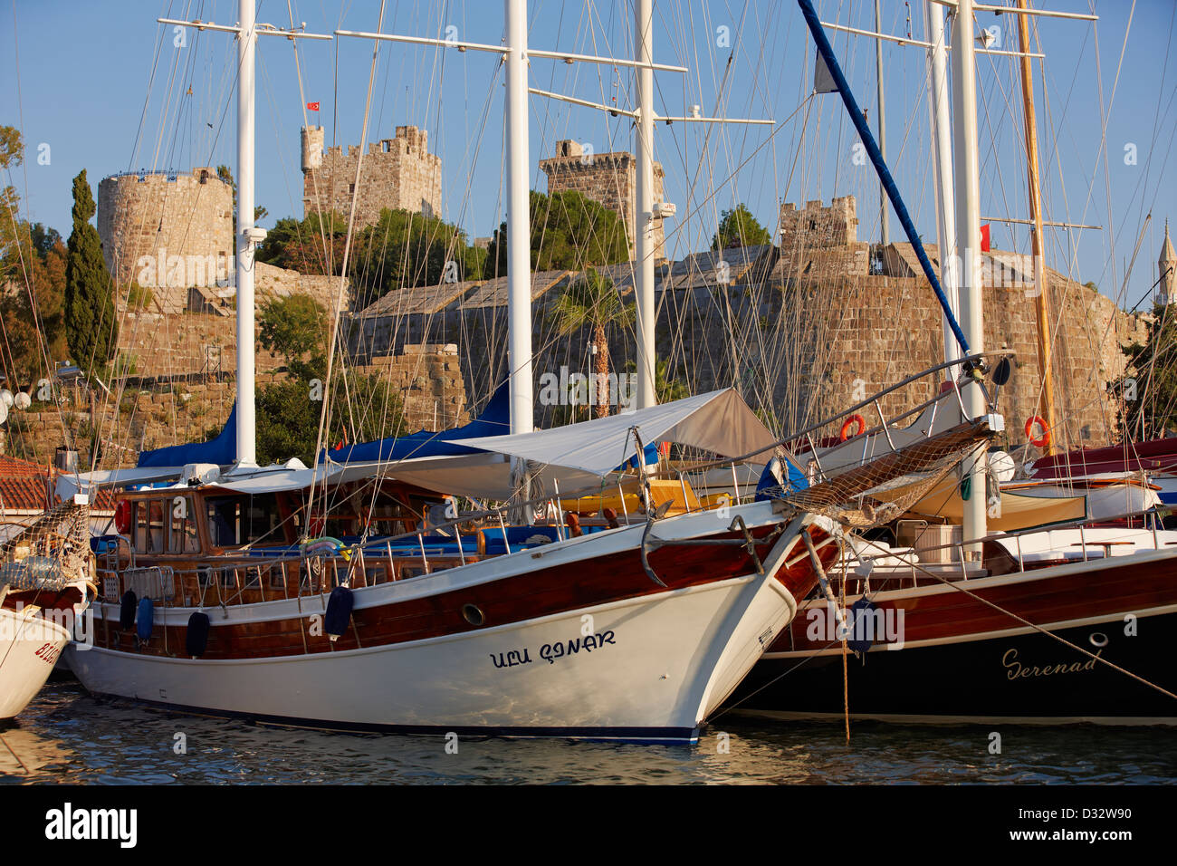 Traditional Turkish gulets moored in Bodrum marina at the Castle of The ...