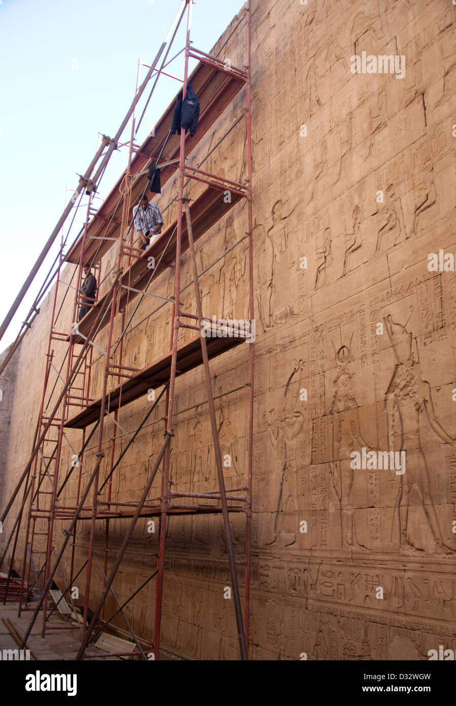 Restoration work being undertaken on the Temple of Horus at Edfu on the ...